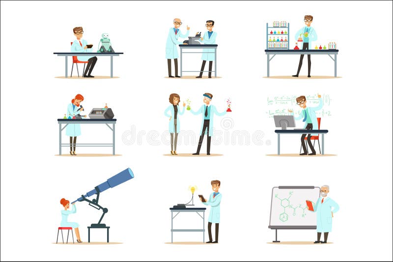Scientists at Work in a Lab and an Office Set of Smiling People Working ...