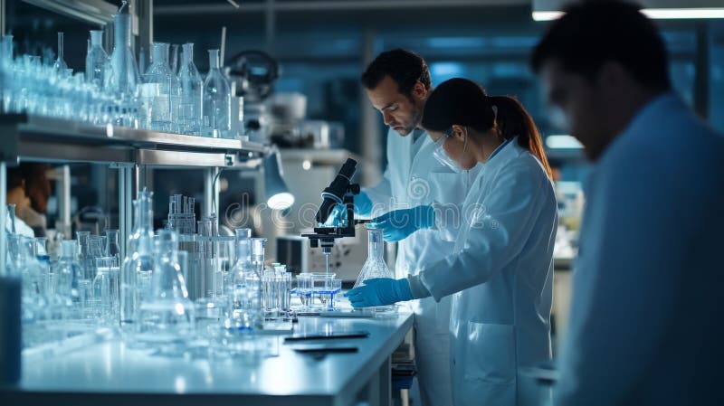 Scientists Work in a Laboratory with Beakers and a Microscope Stock ...