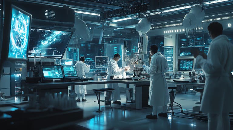 Scientists Working in a Futuristic Laboratory Stock Illustration ...