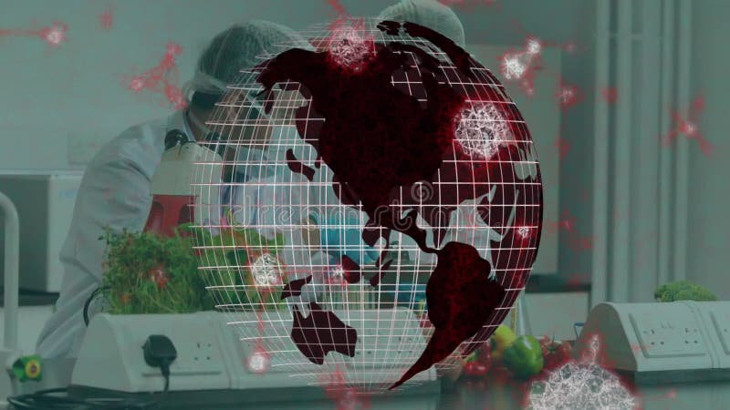 Scientists Working in Lab with Globe and Virus Animation Overlay Stock ...