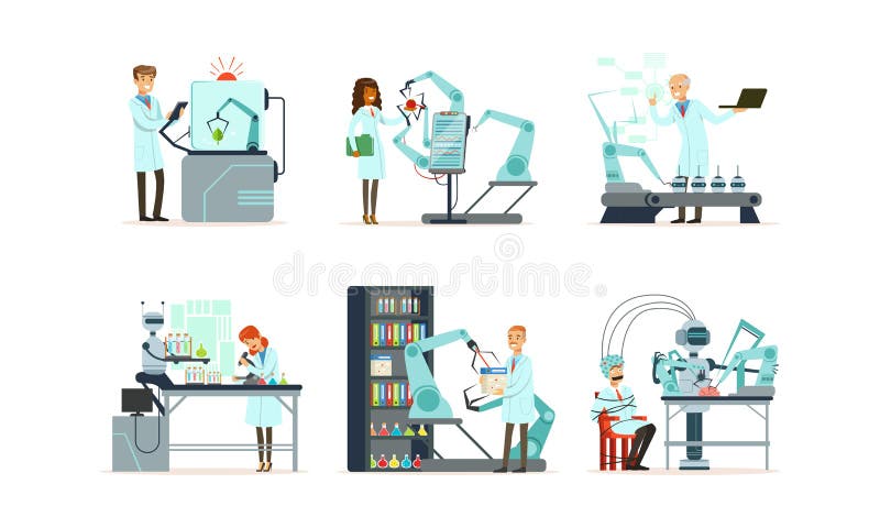 Scientists Working in Laboratory with Robots Vector Illustrations Set ... Scientists Working in Laboratory with Robots Vector Illustrations Set ...