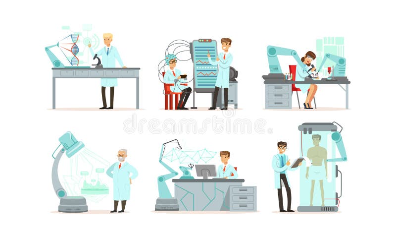 Scientists Working in Laboratory with Robots Vector Illustrations Set ... Scientists Working in Laboratory with Robots Vector Illustrations Set ...