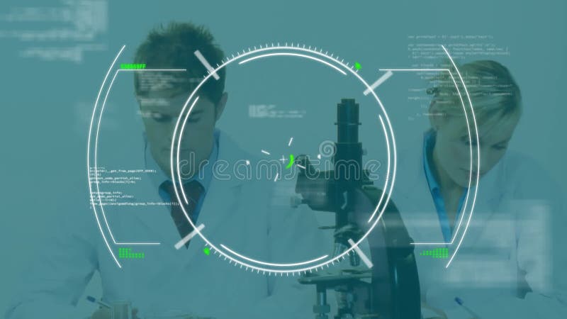 Scientists Working with Microscope, Data Analysis Animation Over Laboratory Scene Stock Footage ...