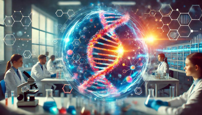 Scientists Working in Modern Laboratory with Glowing Dna Strand ...