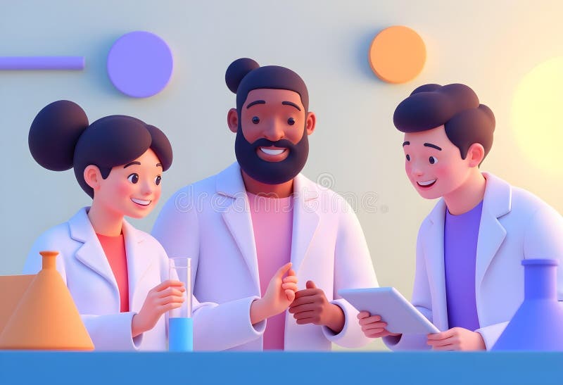 Scientists Working Together in Lab with Tablet and Test Tubes Stock ...