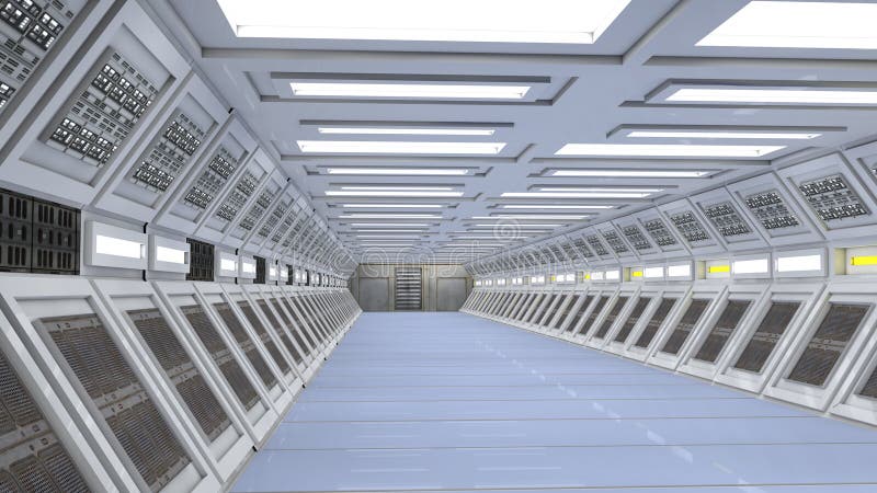 Sci Fi Corridor with View of Space Galaxy Stock Illustration ...