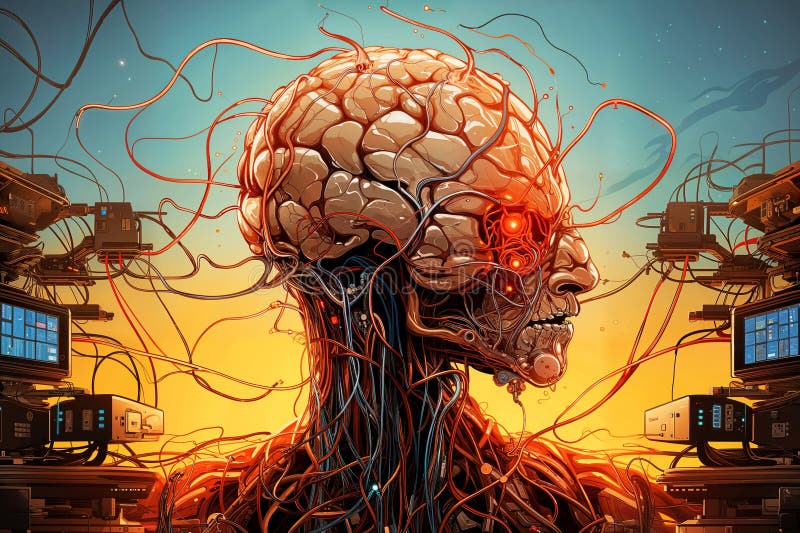 Scifi Illustration of a Brain Connected To Computers Via Cables Stock ...