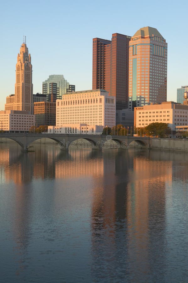 Scioto River and Columbus Ohio Skyline in Autumn with Sunset Reflection ...