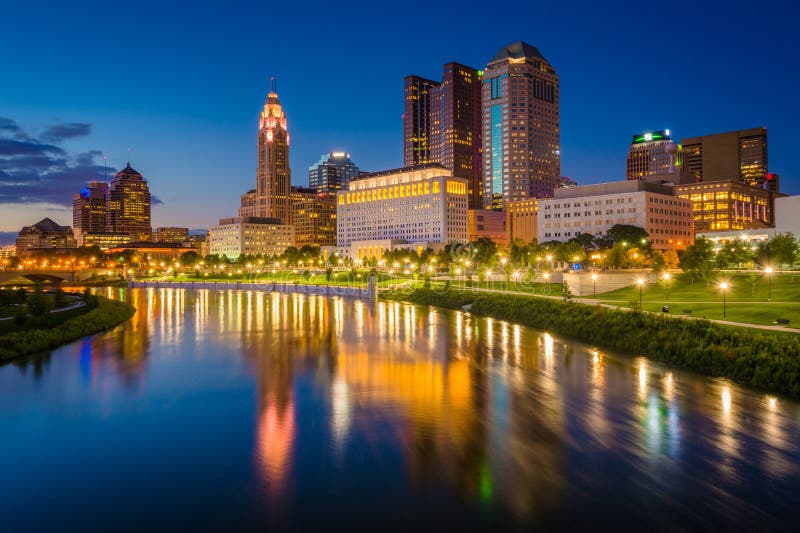 The Scioto River and Columbus Skyline at Night, in Columbus, Ohio ...