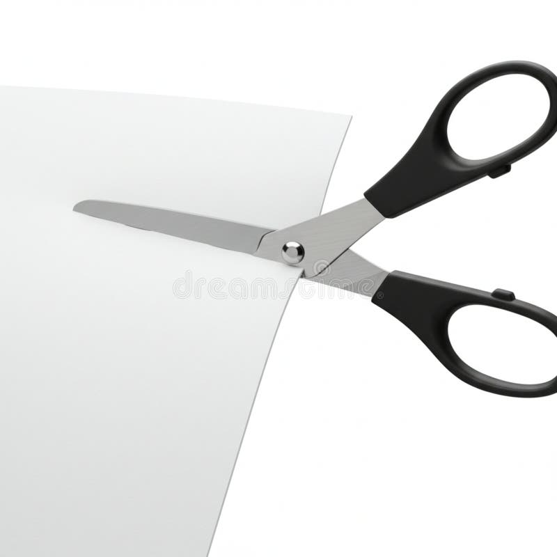 Scissors with Black Handles Cutting a Sheet of White Paper. the Image ...
