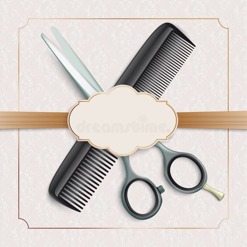 Scissors Comb Ornaments Frame Emblem Ribbon Stock Vector - Illustration ...