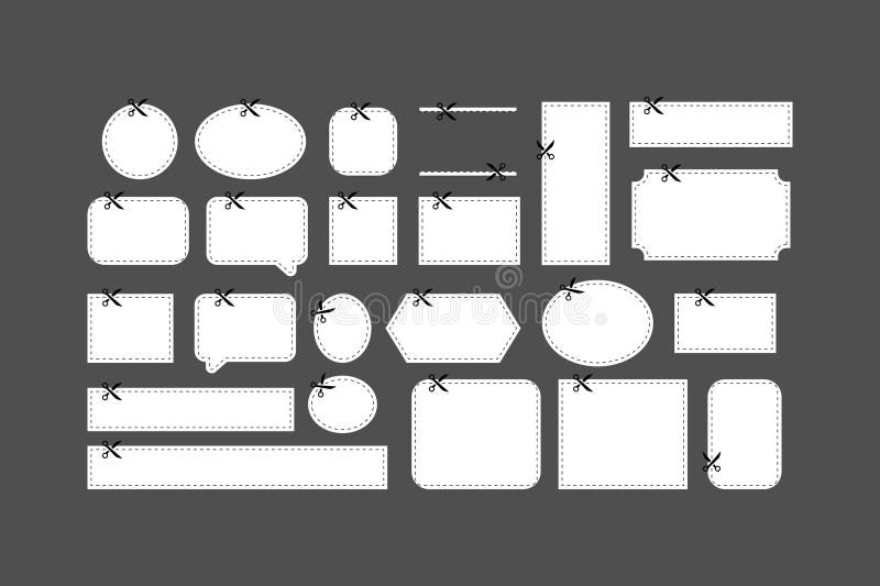 Scissors and Coupon Set, Cut Template with Dashed Line. Black Icons ...
