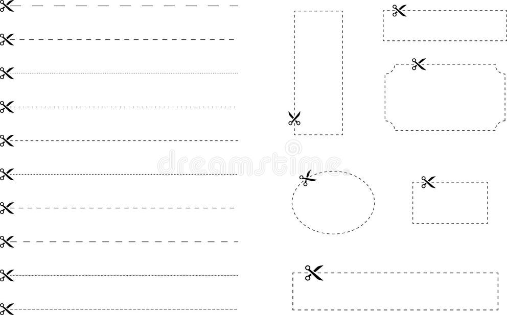 Scissors and Coupon Set, Cut Template with Dashed Line. Black Icons ...