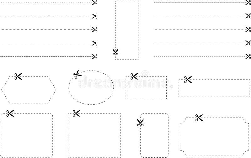 Scissors and Coupon Set, Cut Template with Dashed Line. Black Icons ...