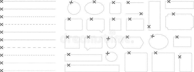 Scissors and Coupon Set, Cut Template with Dashed Line. Black Icons ...