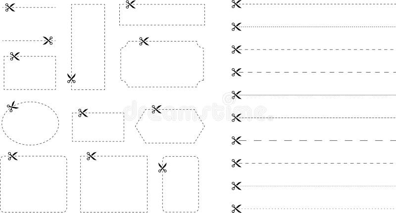 Scissors and Coupon Set, Cut Template with Dashed Line. Black Icons ...