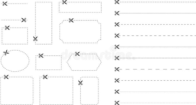 Scissors and Coupon Set, Cut Template with Dashed Line. Black Icons ...