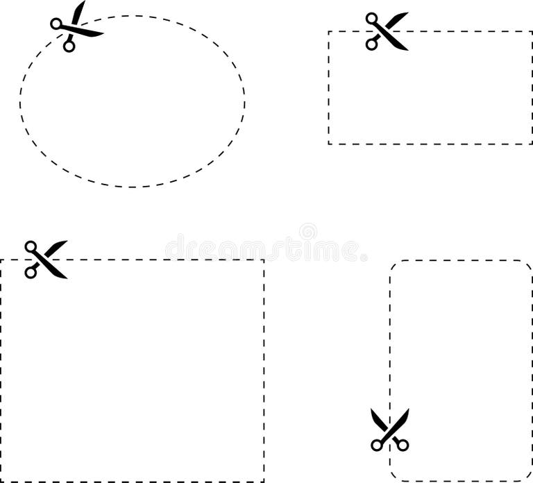 Scissors and Coupon Set, Cut Template with Dashed Line. Black Icons ...