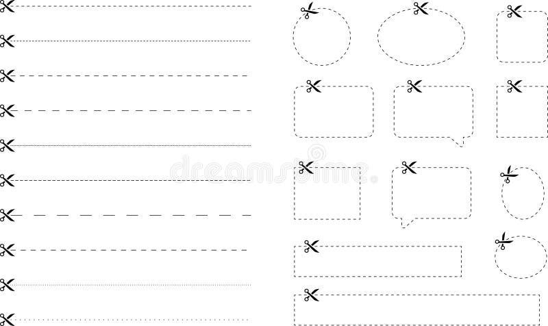 Scissors and Coupon Set, Cut Template with Dashed Line. Black Icons ...