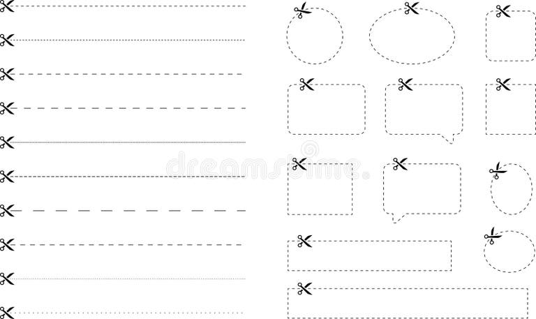 Scissors and Coupon Set, Cut Template with Dashed Line. Black Icons ...