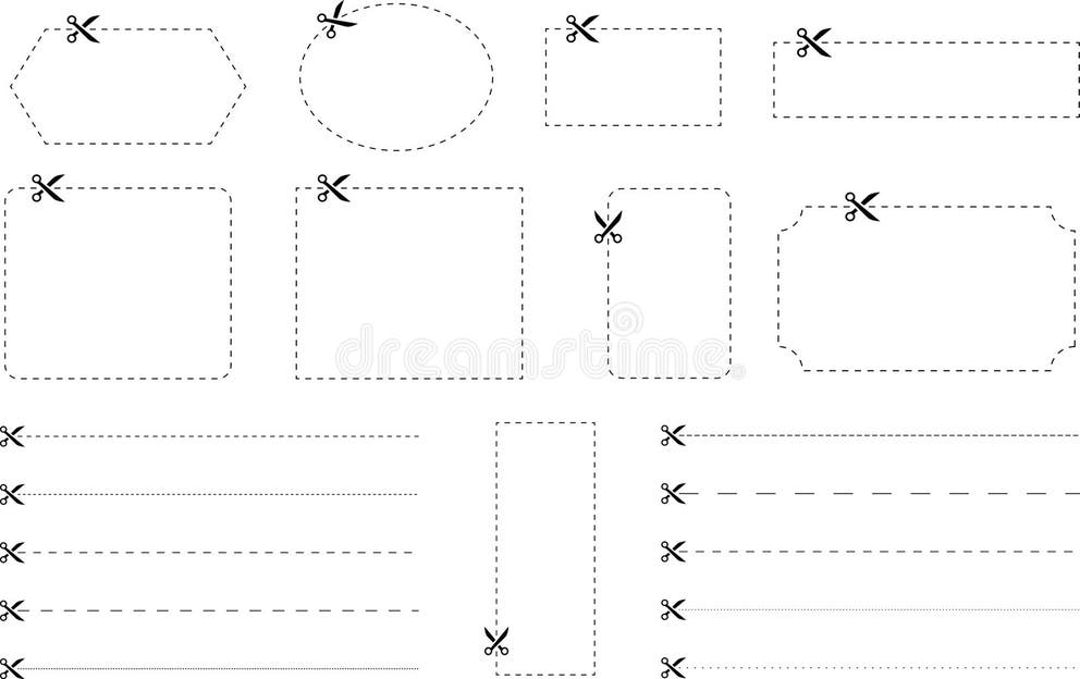 Scissors and Coupon Set, Cut Template with Dashed Line. Black Icons ...