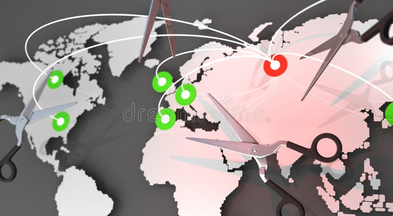 Scissors Cut Economic Paths on World Map. Stock Illustration ...