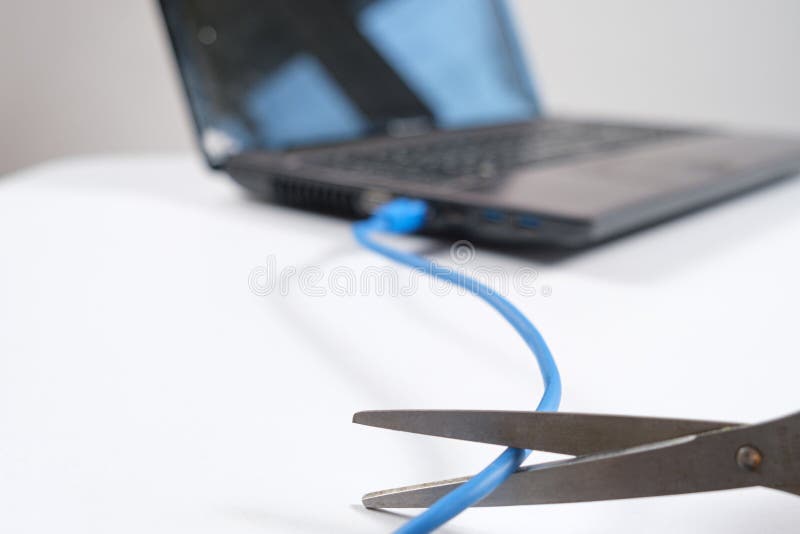 Scissors Cut the Internet Cable Connected To the Laptop. Turning Off ...