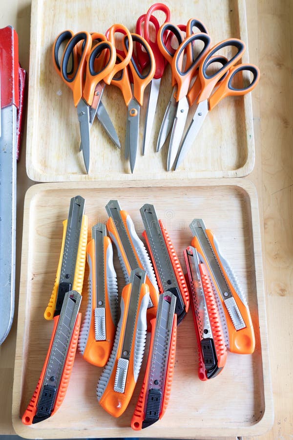 Scissors and Cutter Knife on Wood Tray Stock Image - Image of require ...