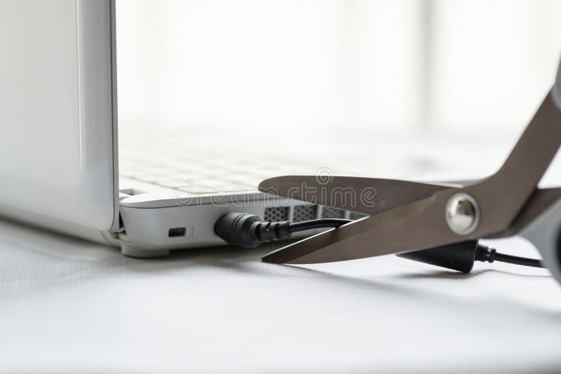 Scissors Cutting Computer Cable. Digital Detox. Stock Photo - Image of ...