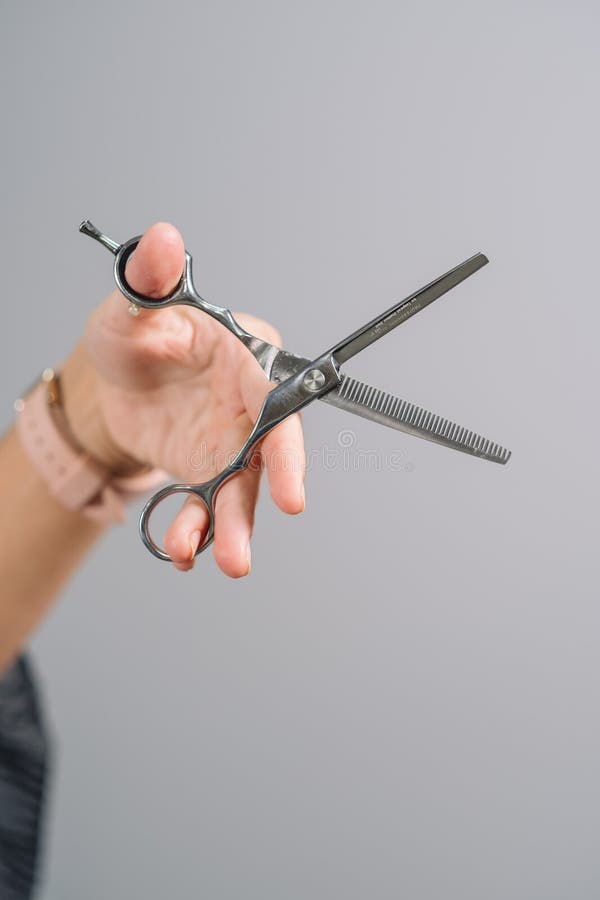 Scissors for Cutting Hair in the Hands on a Simple Background Stock ...