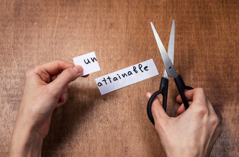 Self Motivation Concept. Negative Words Cut with Scissors. Stock Image ...