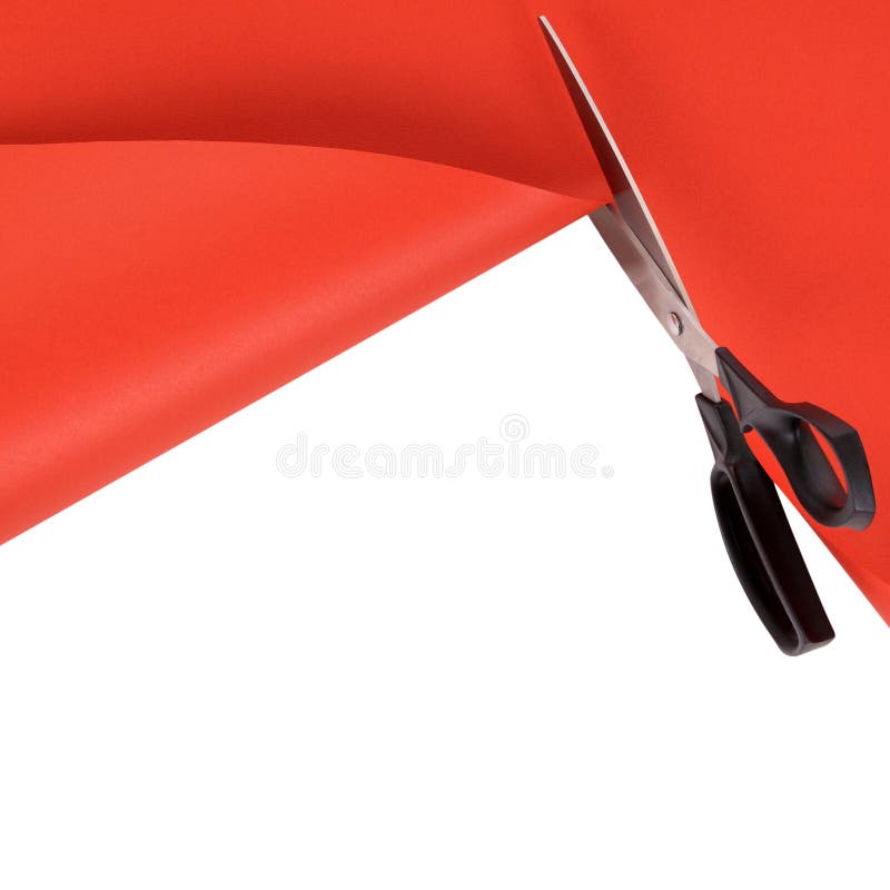 Scissors Cutting Red Gift Wrap Paper Revealing White Background Stock ...