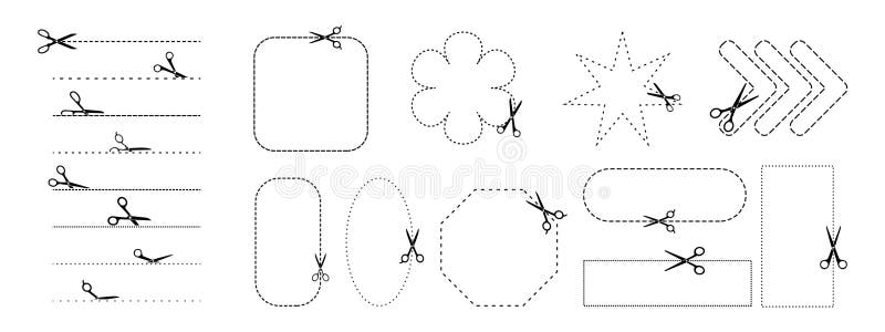 Scissors with Dotted Cut Lines and Geometric Shapes. Cut Here Symbol ...