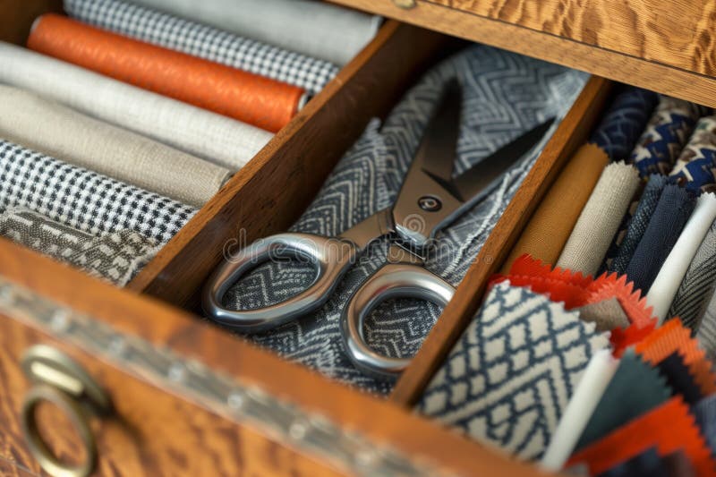 Scissors and Fabric Swatches in a Compartmentalized Drawer Stock Image ...