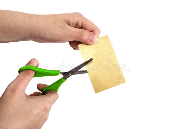 Scissors in Hands Cut a Yellow Plastic Card on a White Background ...