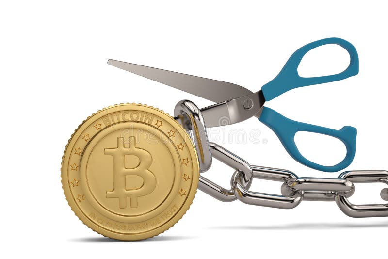 Scissors with Iron Chain and Gold Bitcoin.3D Illustration. Stock ...
