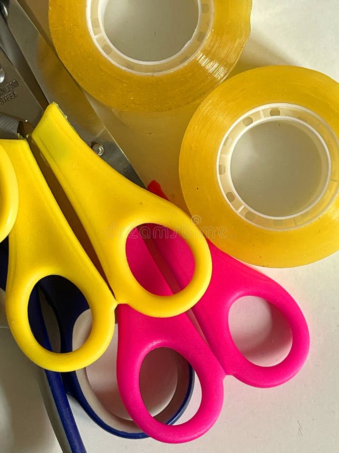 Scissors and Scotch tapes. stock image. Image of education - 372369427