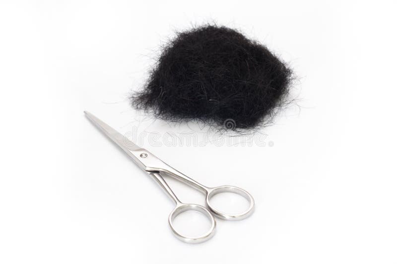 Scissors and Scraps of Black Hair. Stock Image - Image of cutting ...