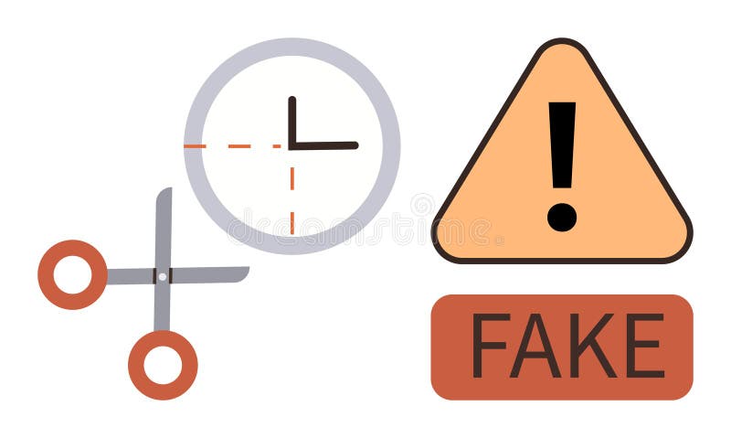 Warning Sign with Alert Symbol, Fake Label, and Clock Cut by Scissors ...