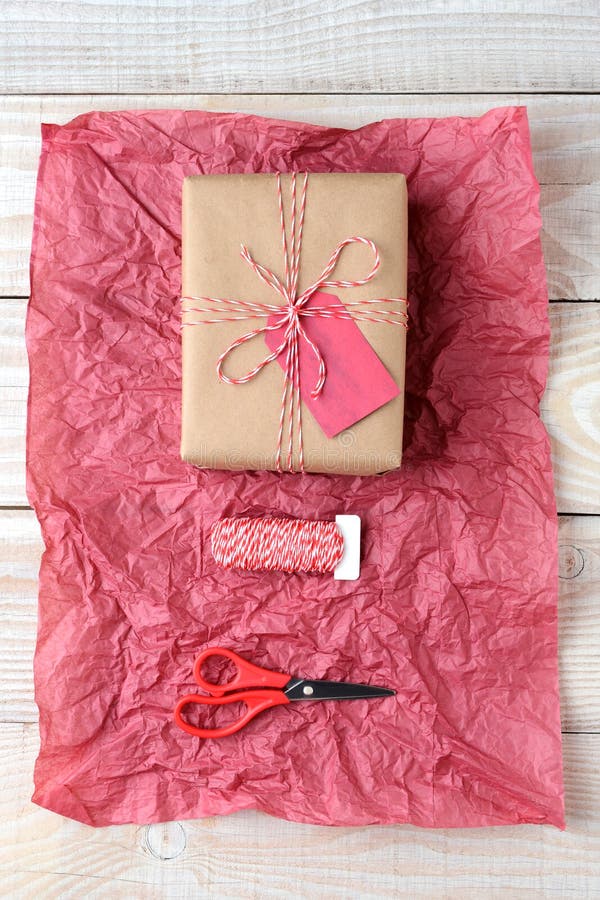 Scissors String Present Red Tissue Paper Stock Image - Image of present ...