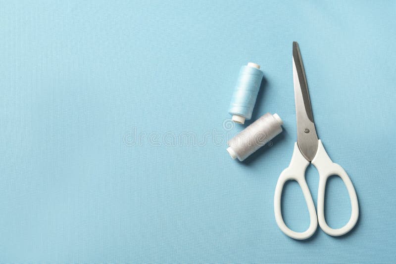 Scissors and Threads on Fabric, Top View Stock Image - Image of ...
