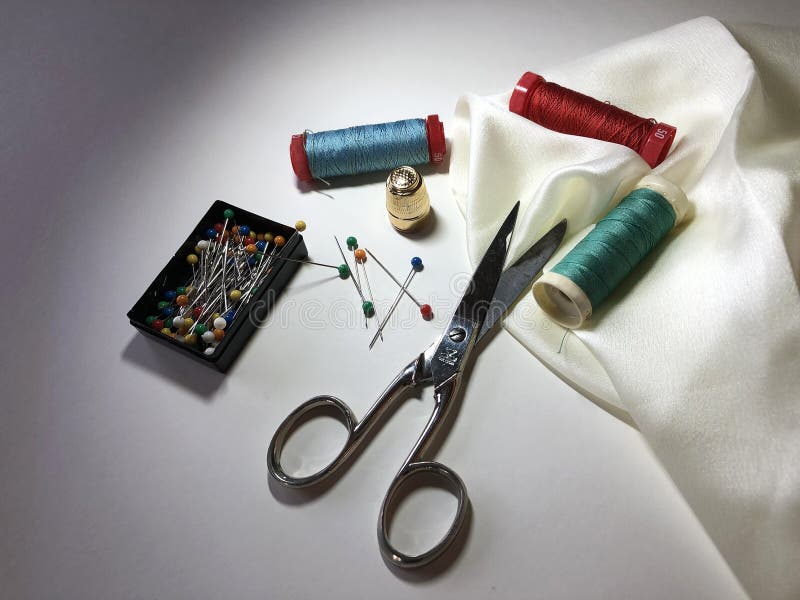 Scissors, Threads, Pins and Fabric Stock Photo - Image of needle ...