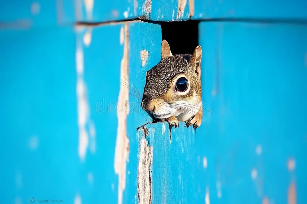 A Sciurus Squirrel, Feeling Surprised, Peeks Cautiously Around a Corner ...