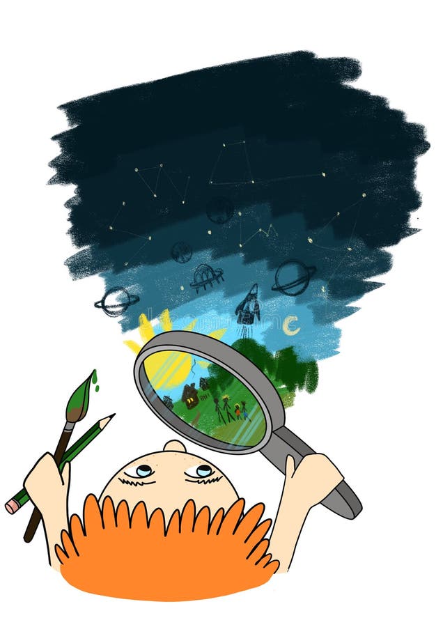 Scketch Children Learning World through a Magnifying Glass. Stock ...