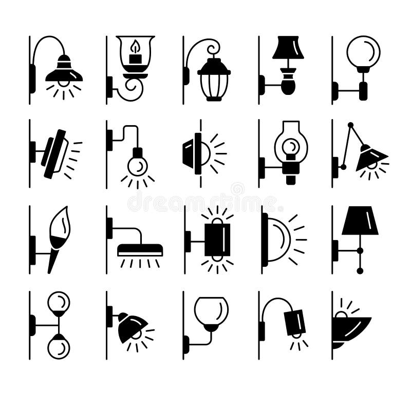 Sconces. Flat Silhouette Icon Set. Different Types of Exterior and ...