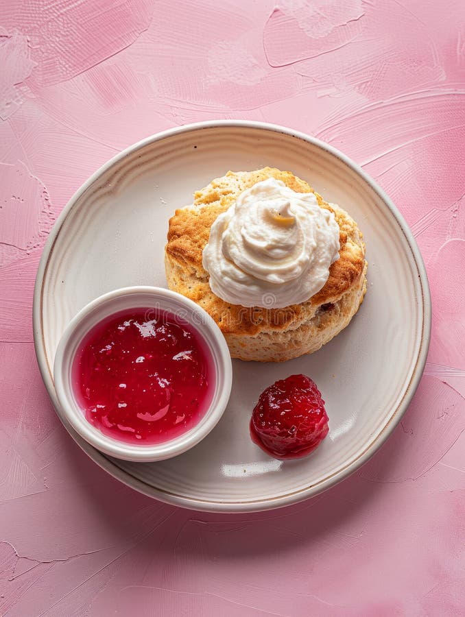 A Scone with Whipped Cream and Raspberry Jam on a White Plate. Stock ...