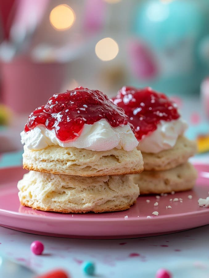Scones with Cream and Jam on a Pink Plate. Stock Photo - Image of ...