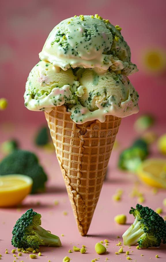 A Scoop of Ice Cream in a Cone with a Side of Broccoli and a Lemon ...