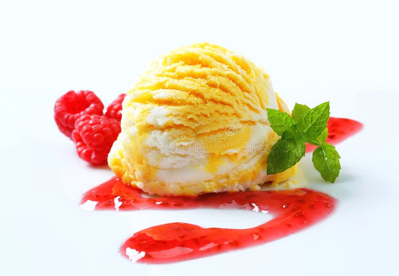 Ice Cream with Raspberry Sauce Stock Image - Image of yellow, fruit ...