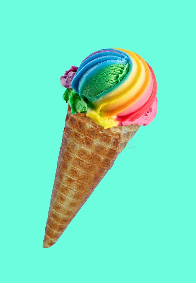 Scoop of Rainbow Colored Ice Cream Cone on Mint Green Background Stock ...
